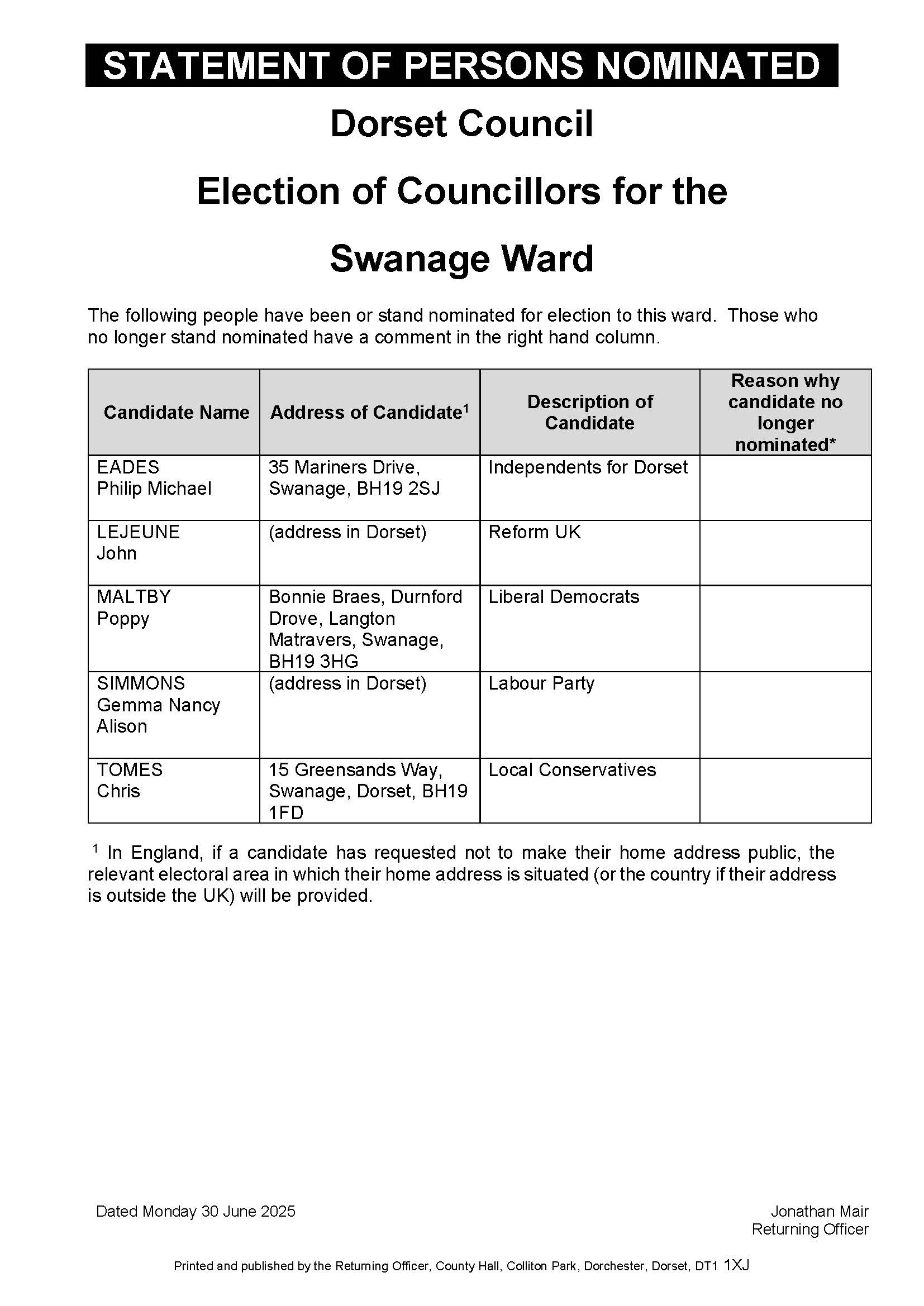 STATEMENT OF PERSONS NOMINATED | Swanage Town Council
