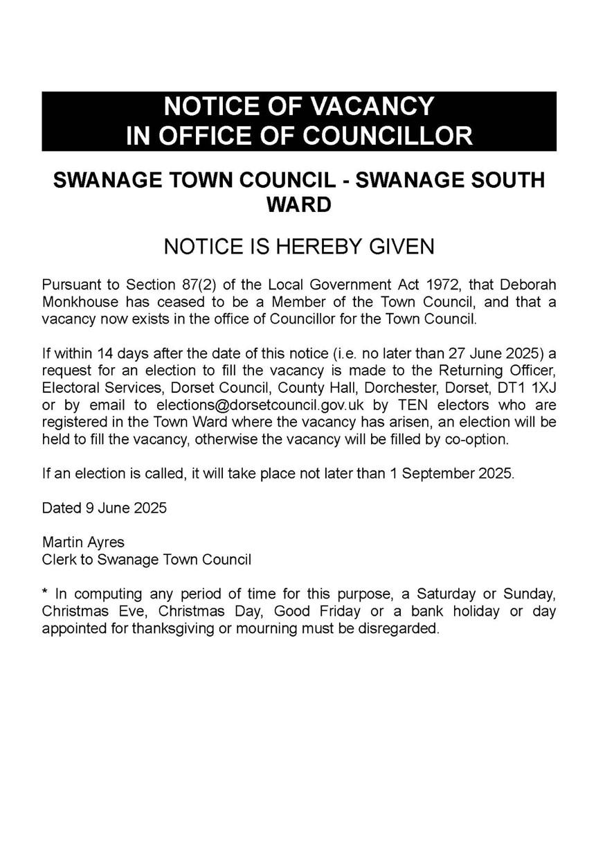 NOTICES OF VACANT SEATS ON SWANAGE TOWN COUNCIL | Swanage Town Council